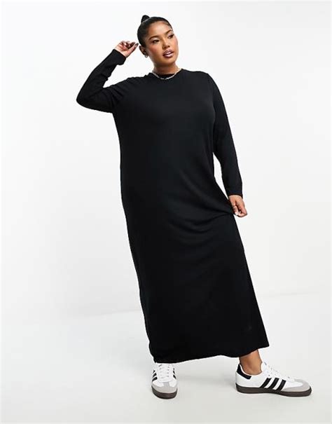 Asos Design Curve Robe T Shirt Longue à Manches Longues Noir Asos