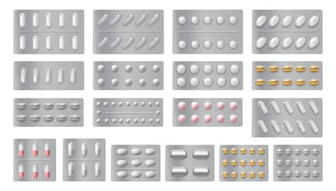 Pil Dan Kapsul Lecet Terisolasi Berbagai Bentuk Tab Realistis Dalam Kemasan Kemasan Obat Vektor