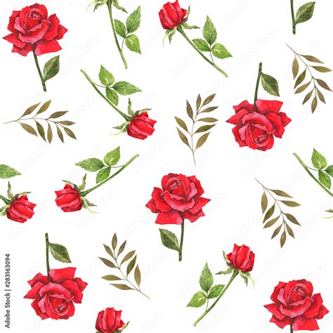 Watercolor Botanical Illustration With Red Roses Design For Fabric