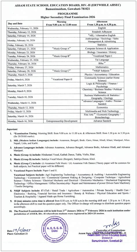 Assam Hs Exam Routine 2026 Asseb Hs Final Examination Programme