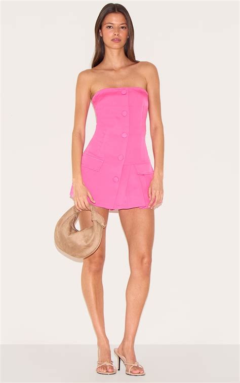 Hot Pink Tailored Pleat Bandeau Skort Playsuit Jumpsuits And Playsuits