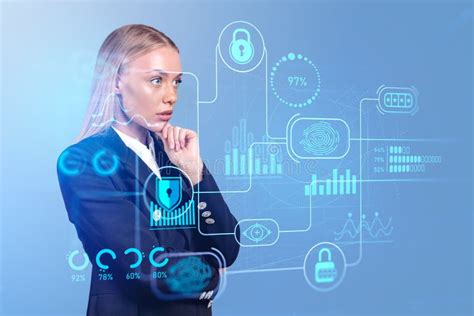 Pensive Businesswoman And Cybersecurity Chart With Statistics And Data
