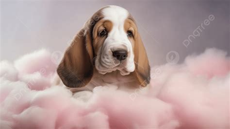 可愛的巴吉度獵犬小狗在粉紅色的雲朵中 巴吉度獵犬 粉红色的毛皮 棉花糖雲背景圖片和桌布免費下載