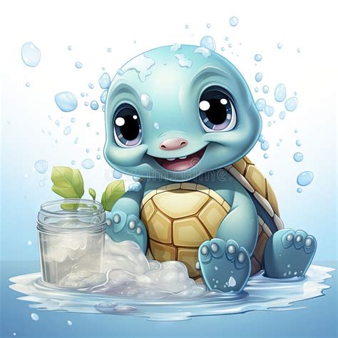 Adorable Turtle Sipping Cool Drinks Surrounded By Water Bubbles In A