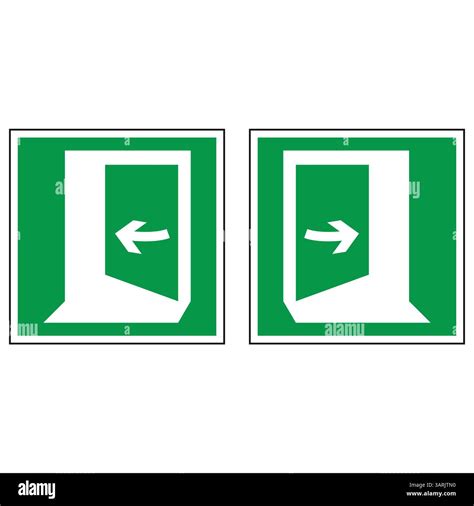 Green And White Emergency Exit Signs Showing Arrows Indicating Opening Direction Of Doors Stock