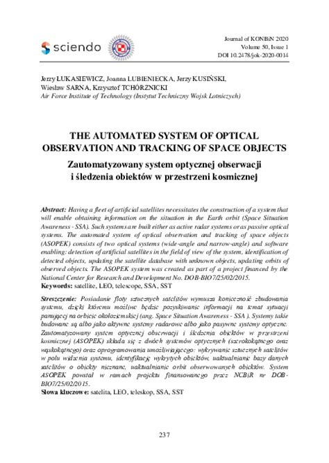 Pdf The Automated System Of Optical Observation And Tracking Of Space Objects