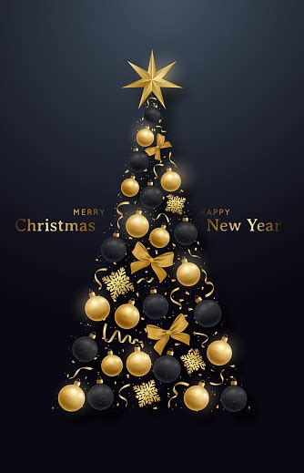 현실적인 황금 Baubles 활 스타와 눈송이 장식 크리스마스 트리 메리 크리스마스와 새해 복 분 인사말 카드입니다 벡터