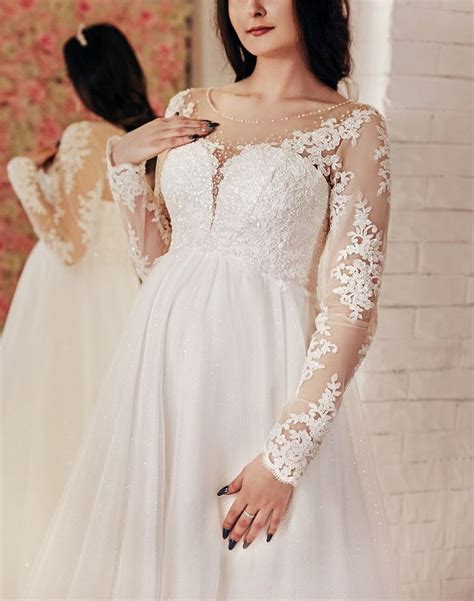 Maternity Wedding Dress With Long Sleeves Beaded Lace And Sparkling Tulle Wedding Dress High
