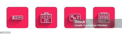 긴 그림자가 있는 라인 위치 체육관 체육관 건물 피트니스 클럽 카드 및 캘린더 피트니스를 설정합니다 빨간색 사각형 버튼입니다 벡터 개념에 대한 스톡 벡터 아트 및 기타