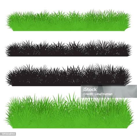 녹색과 검은 잔디 테두리가 설정됩니다 흰색 배경에 고립 된 잔디의 실루엣 세트 벡터 일러스트레이션 0명에 대한 스톡 벡터 아트