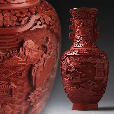Yahooオークション El197 中国美術 銅胎剔紅雕漆山水楼閣圖瓶・堆朱