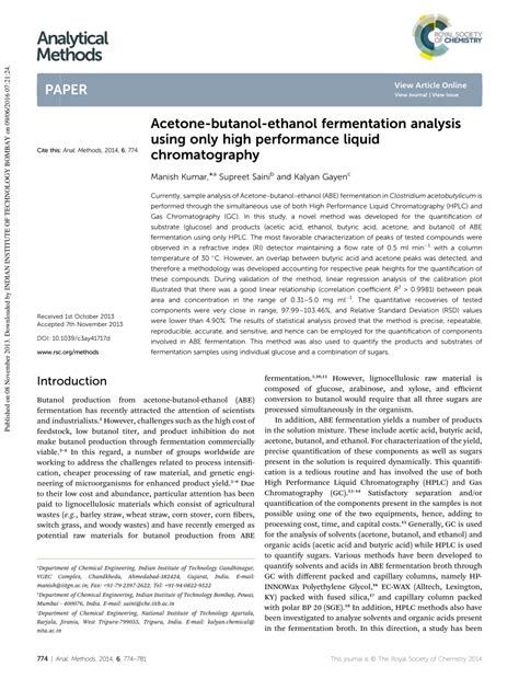 Pdf Acetone Butanol Ethanol Fermentation Analysis Using Only High Performance Liquid