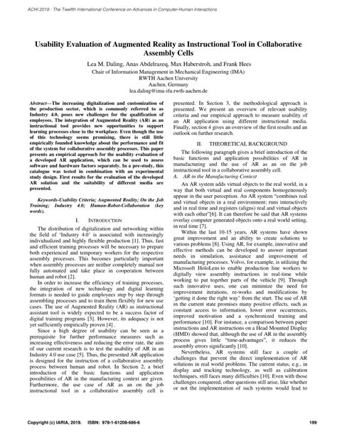 Pdf Usability Evaluation Of Augmented Reality As Instructional Tool In Collaborative Assembly