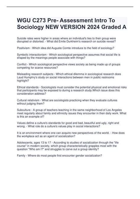 WGU C273 Pre Assessment Intro To Sociology NEW VERSION 2024 Graded A WGU C273 Stuvia US