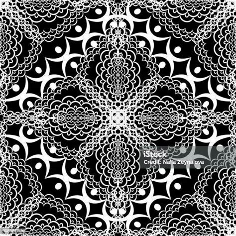 흑인과 백인 레이스 꽃 패턴 원활한 벡터 단색 패턴된 민족 스타일 배경입니다 장식적인 질감된 배경을 반복 합니다 꽃 도형 선 곡선을 추상화 합니다 화려한 끝 없는 디자인 0