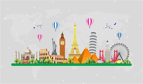 세계로 여행 여행 세계의 유명한 랜드 마크의 큰 세트 여행 관광 여름 휴가 시간입니다 여행의 다른 유형 플랫 디자인 벡터