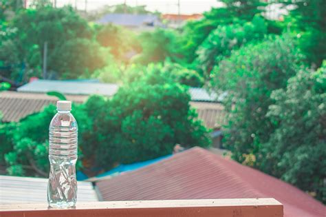 병 물 가정 및 트리 Bokeh 흐리게 배경으로 하늘에 플라스틱을 만든 벽지를 사용 하 여 패키지 또는 이미지 및 복사 공간을 새로 고침 제품 감기와 독감에 대한 스톡 사진