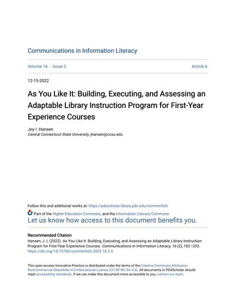 Pdf As You Like It Building Executing And Assessing An Adaptable Library Instruction