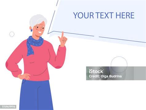 현대 여성 노인 와 말풍선 벽지 여기에 텍스트가 있습니다 백발의 늙은 여자가 복사 공간을 가리키고 있다 노인에 대한 스톡 벡터 아트 및 기타 이미지 Istock