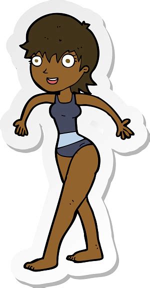 Stiker Kartun Happy Woman Dengan Kostum Renang Ilustrasi Stok Unduh