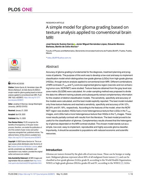 Pdf A Simple Model For Glioma Grading Based On Texture Analysis Applied To Conventional Brain Mri
