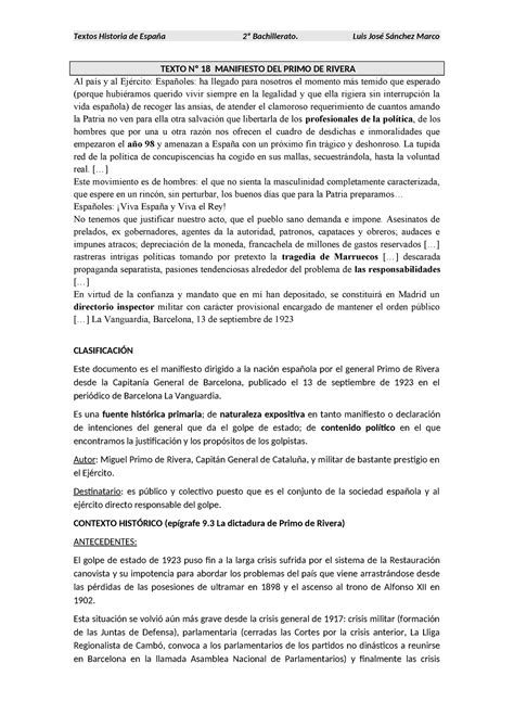 Texto No 11 Manifiesto Del Golpe De Estado De Primo De Rivera