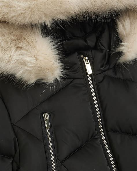 Girls Black Hooded Faux Fur Trim Puffer Coat River Island