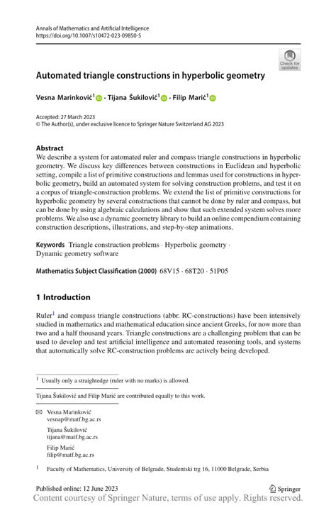 Automated Triangle Constructions In Hyperbolic Geometry Request Pdf