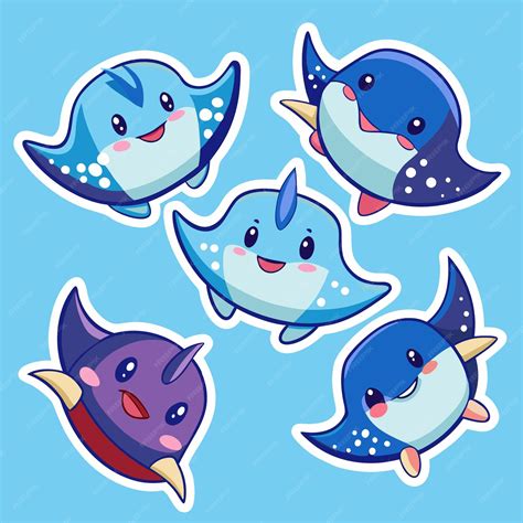 Five Adorable Cartoon Manta Ray Stickers On Blue Background Premium