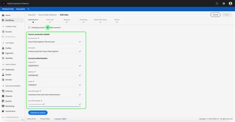 Create An Azure Data Explorer Source Connection In The Ui Adobe