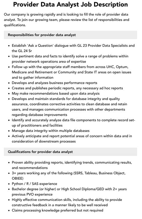 Provider Data Analyst Job Description Velvet Jobs