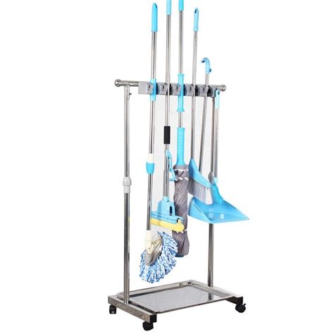 WFX Utility Movable Mop Broom Holder Put Wet Mops Floor Standing Cleaning Tool Rack Stainless