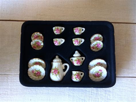 Miniature Tea Set Porcelain Dollhouse Kitchen Dishes Plates Etsy