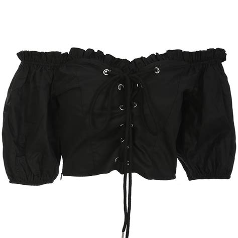 Badu Bg Стилна лятна дамска тениска с връзки и голи рамене в черен цвят Badu Bg