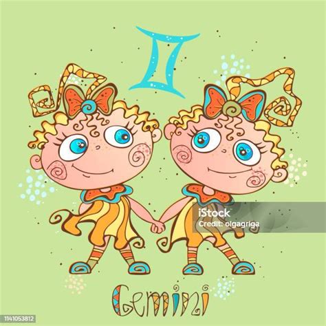 어린이 별자리 아이콘입니다 아이 들을 위한 조디악 쌍둥이 자리 기호입니다 벡터 만화 캐릭터와 같은 점성술 기호입니다 쌍둥이자리에 대한 스톡 벡터 아트 및 기타 이미지
