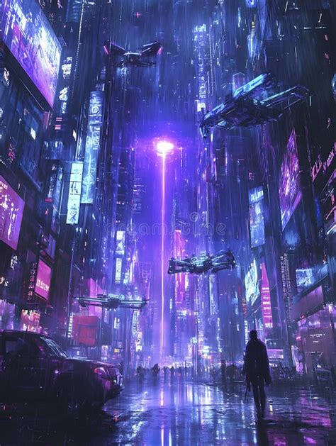 Futuristic Dystopian Scene With Holographic Ads And Cybernetic Figures