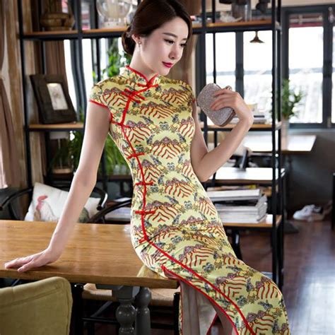 Buy Chinese Womens Satin Cheongsam Long Print Qipao