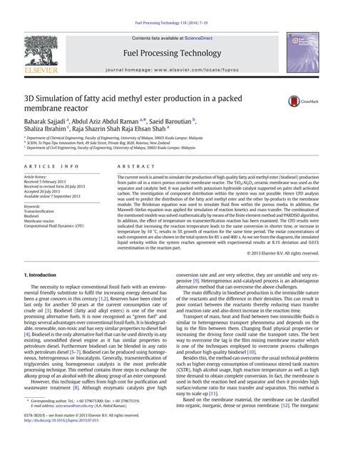 Solution 2014 661 3d Simulation Of Fatty Acid Methyl Ester Production In A Packed Membrane