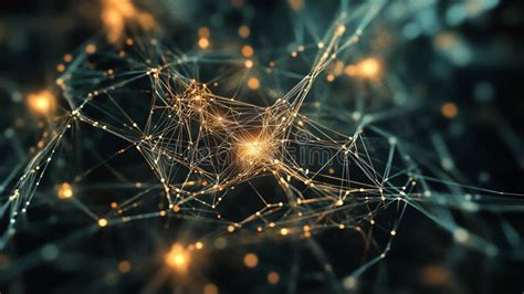 Abstract Network Connection Golden Nodes And Teal Lines Intertwined Digital Technology