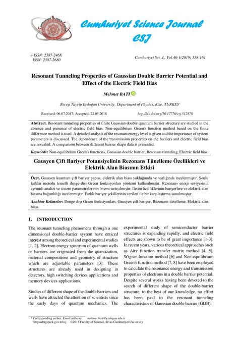 Pdf Resonant Tunneling Properties Of Gaussian Double Barrier