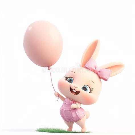 Cute Cartoon Bunny Girl Holding Pink Balloon 3d Illustration Stock