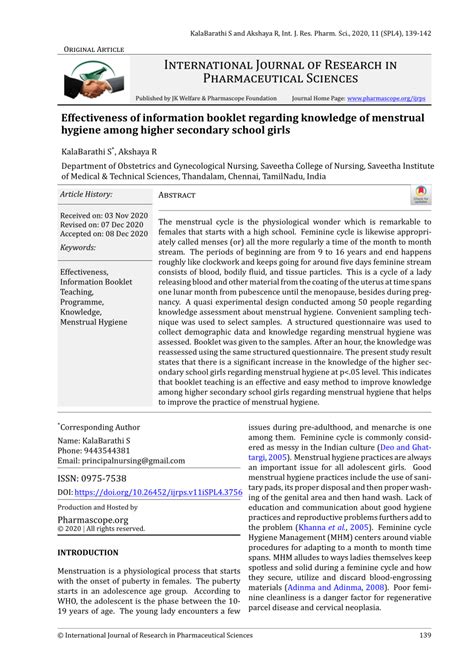 Pdf Effectiveness Of Information Booklet Regarding Knowledge Of Menstrual Hygiene Among Higher