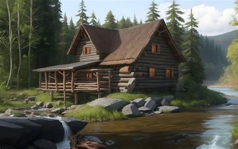 Premium AI Image River And House Of Log Generated By Ai