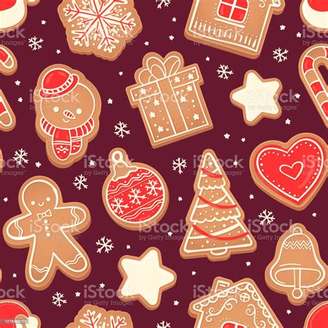 진저 브레드 매끄러운 패턴 Xmas 쿠키 빨간 마음 전나무 나무 눈사람과 종 별과 눈송이 벡터 산타 클로스에 대한 스톡 벡터