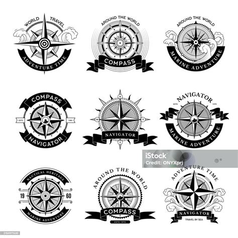 Compass Labels Adventure And Travel Time Symbols Nautical Marine Logos