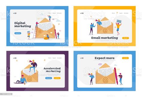 전자 메일 편지를 쓰는 사람들 전자 메일 통신 방문 페이지 템플릿 세트입니다 펜과 우표와 작은 남성 여성 문자는 거대한 봉투에 종이를 넣어 만화 벡터 일러스트레이션 벡터에