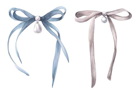 파란색과 회색에 진주가 박힌 리본 수채화 귀여운 리본 요괴 소녀 세트 손으로 그린 그림 개인 장식품에 대한 스톡 벡터 아트 및 기타 이미지 개인 장식품 개체 그룹
