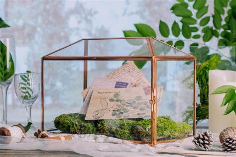 Large Geometric Glass Card Box Terrarium With Slot And Heart Lock Foot