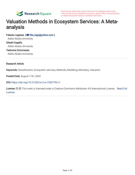 Pdf Valuation Methods In Ecosystem Services A Meta Analysis