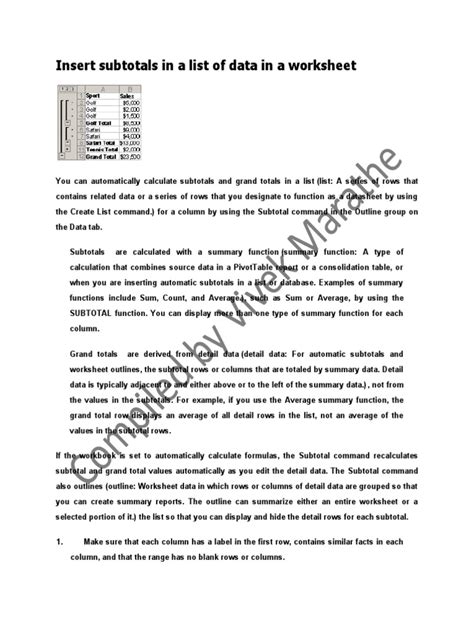 Insert Subtotals In A List Of Data In A Worksheet Pdf Computer